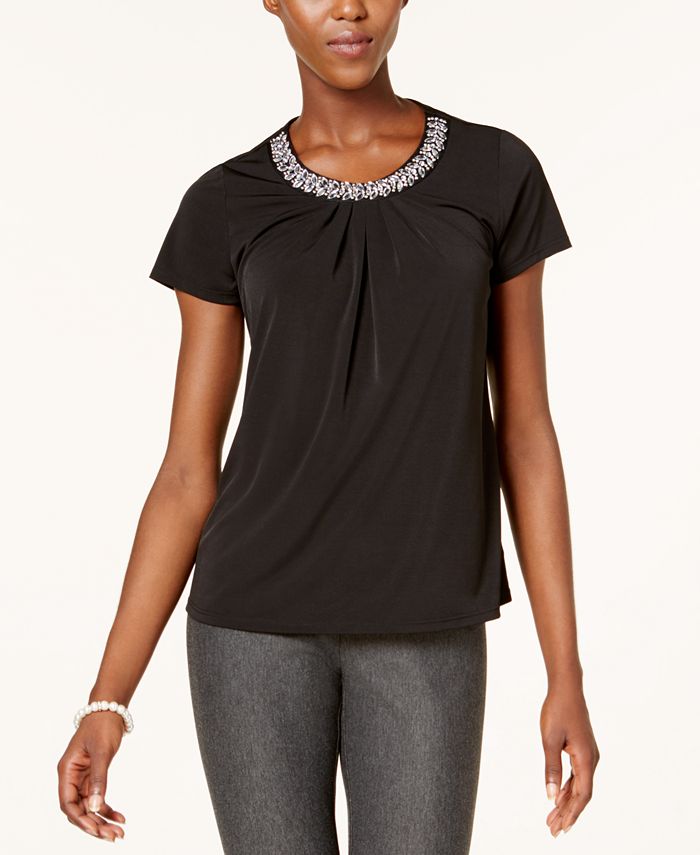 NY Collection Petite Embellished-Neck Top - Macy's