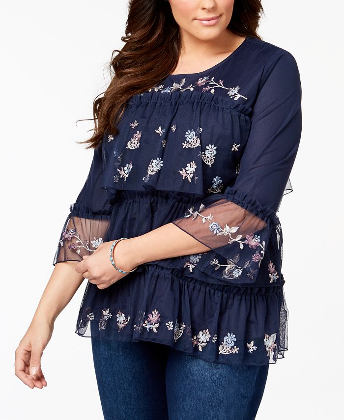Style & Co Plus Size Tiered Embroidered Mesh Top, Created for Macy's ...