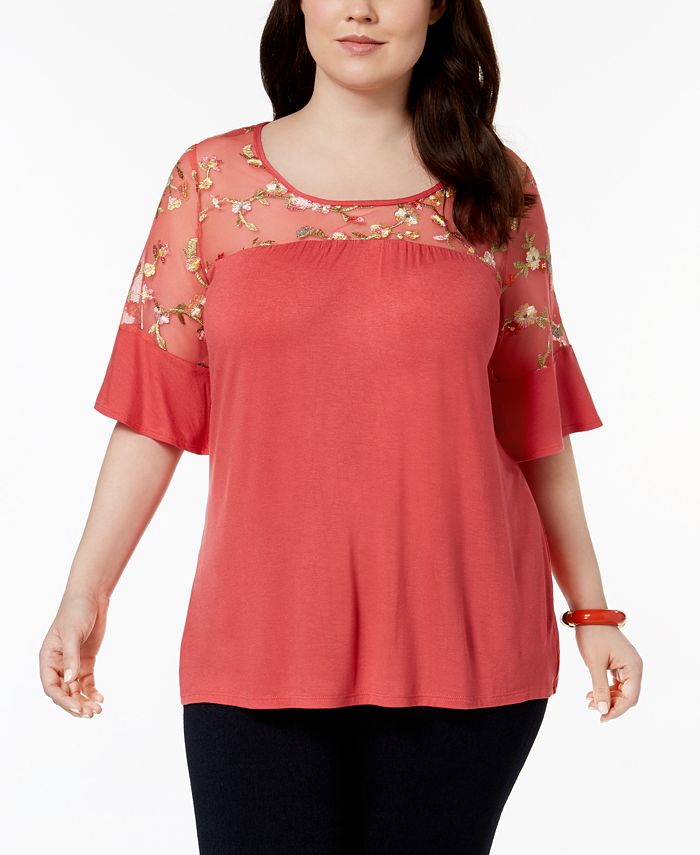 NY Collection Plus Size Embroidered Mesh Top - Macy's
