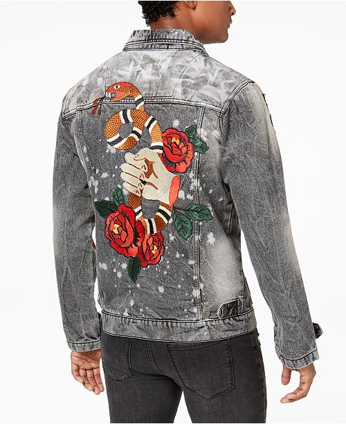 Reason Men's Black Acid Washed Patched Denim Jacket & Reviews - Coats ...