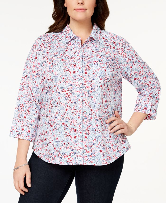 Karen Scott Plus Size Cotton Printed Blouse, Created for Macy's - Macy's