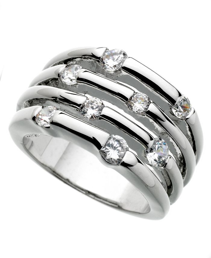 GUESS Ring, Silver-Tone Four Row Crystal - Macy's