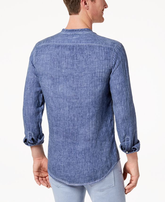 Michael Kors Men's Cold-Dyed Stripe Band-Collar Linen Shirt - Macy's