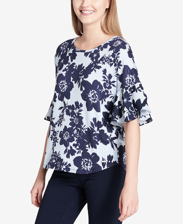 Calvin Klein Printed Ruffle-Sleeve Top - Macy's