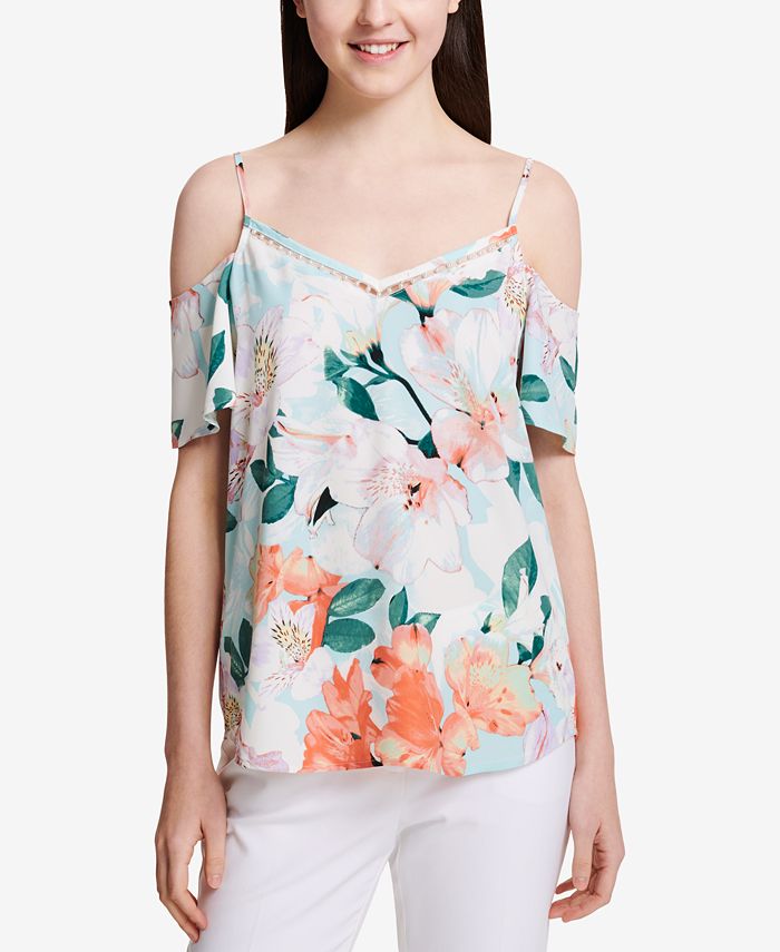 Calvin Klein Cold-Shoulder Faux-Pearl Trim Top - Macy's