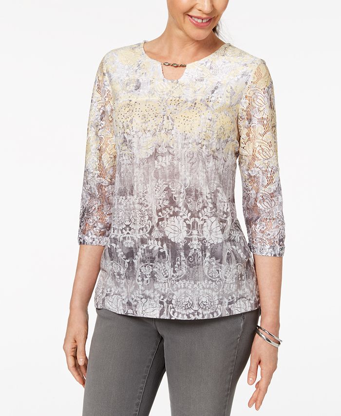 Alfred Dunner Petite Printed Lace Keyhole Top - Macy's