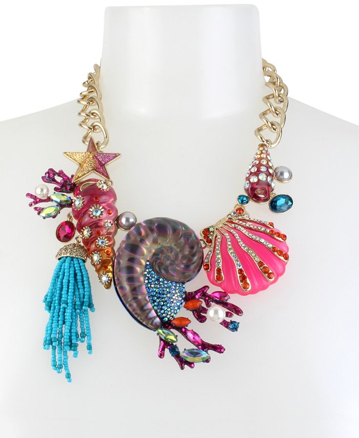 Betsey Johnson Gold-Tone Crystal, Stone, Bead & Imitation Pearl Seashell Statement Necklace, 16 ...
