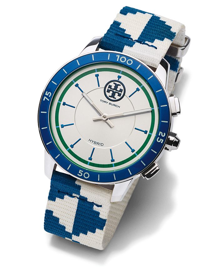 Tory Burch Women's ToryTrack Collins Blue & White Fabric Strap Hybrid ...