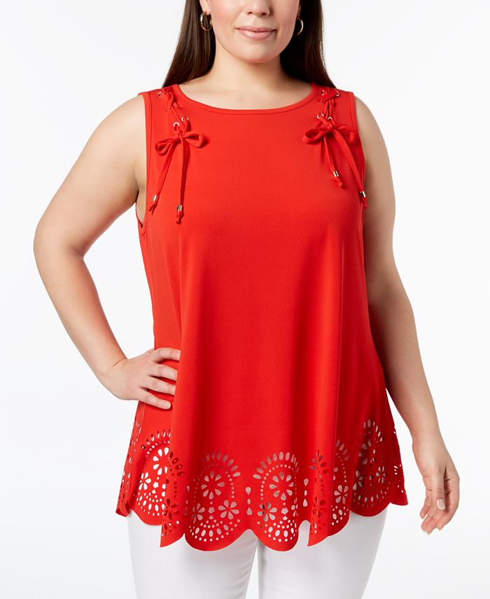 Belldini Plus Size Tie-Accented Laser Cut Tunic Top - Macy's