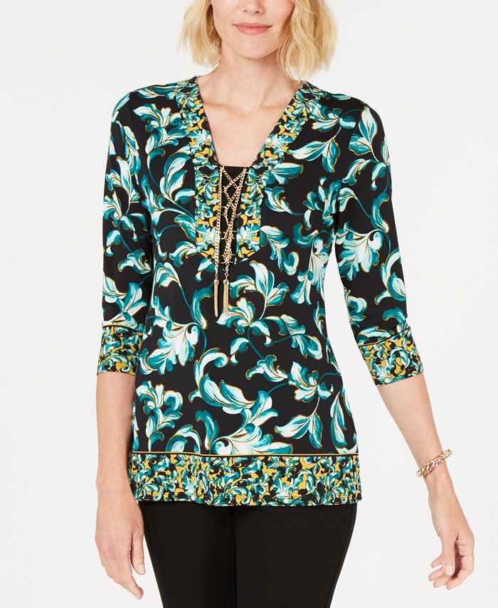 JM Collection Twin-Print Lace-Up Tunic, Created for Macy's - Macy's