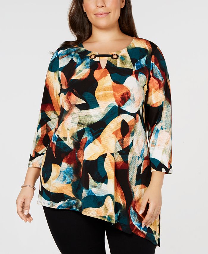 JM Collection Plus Size Asymmetrical Printed Top, Created for Macy's ...