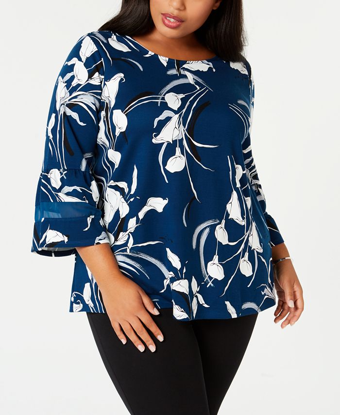 Alfani Plus Size Printed Bell-Sleeve Top, Created for Macy's - Macy's