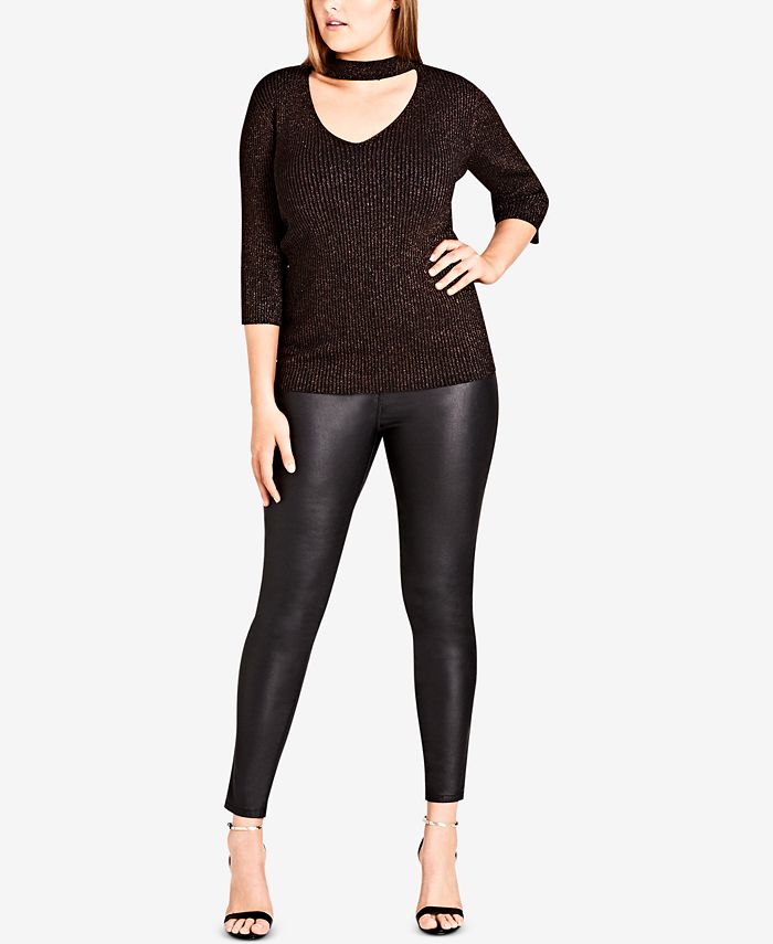 City Chic Trendy Plus Size Metallic Ribbed-Knit Choker Top - Macy's
