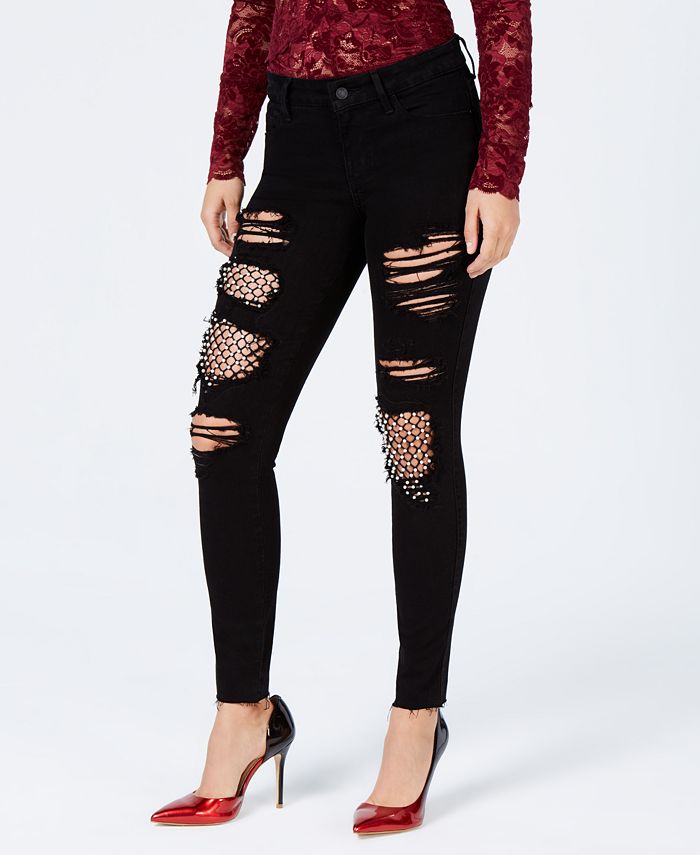 GUESS Ripped Mesh-Inset Jeans - Macy's