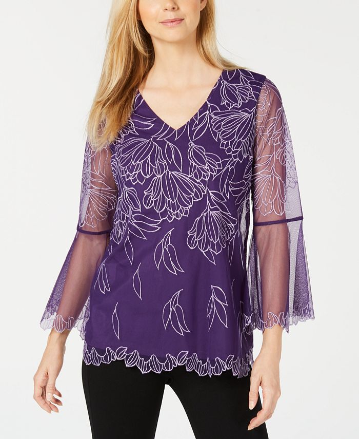 Alfani Embroidered Mesh Top, Created for Macy's - Macy's