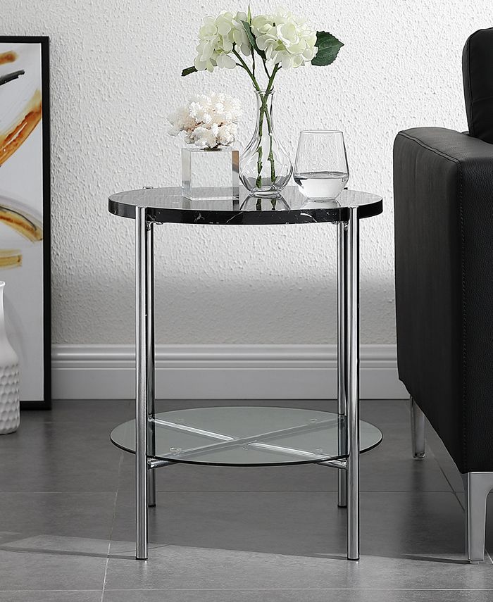 Walker Edison 20 inch Round Side Table in Black Faux Marble with Glass ...