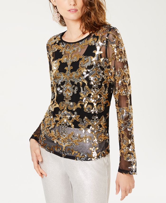 INC International Concepts I.N.C. Sequined Sheer Mesh Top, Created for ...