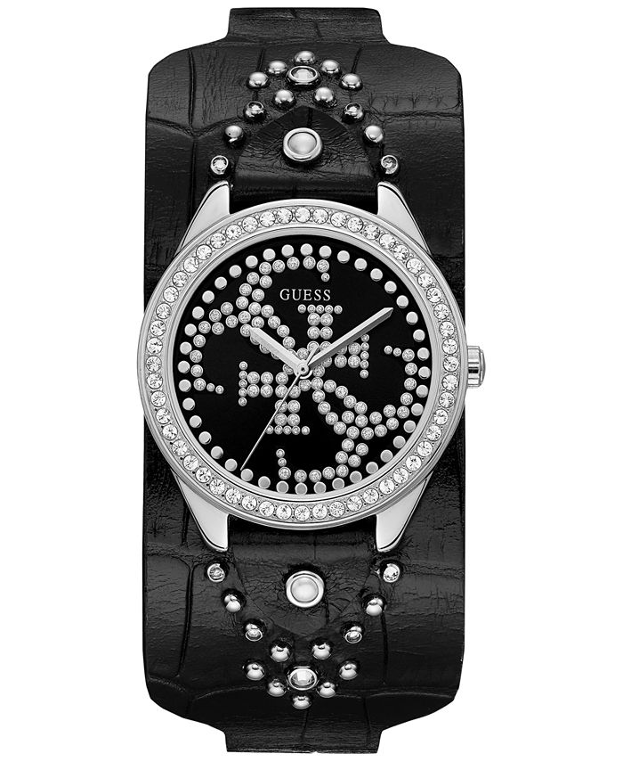 GUESS Women's Black Studded Leather Cuff Watch 36.5mm - Macy's