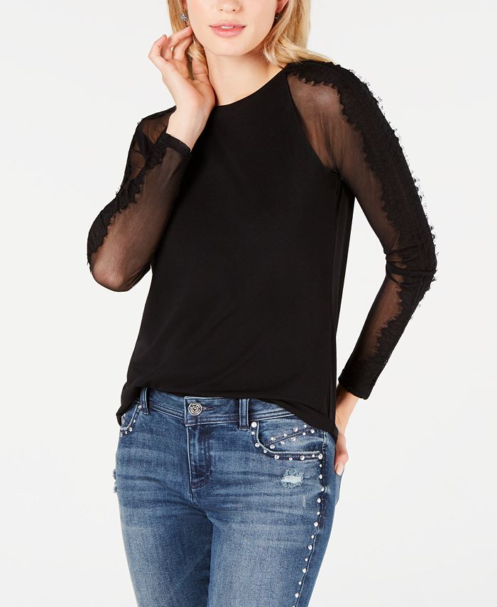 INC International Concepts I.N.C. Petite Lace-Trim Illusion Top ...