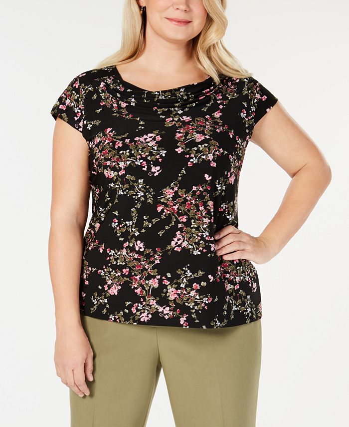 Nine West Plus Size Floral-Print Cowl-Neck Top - Macy's