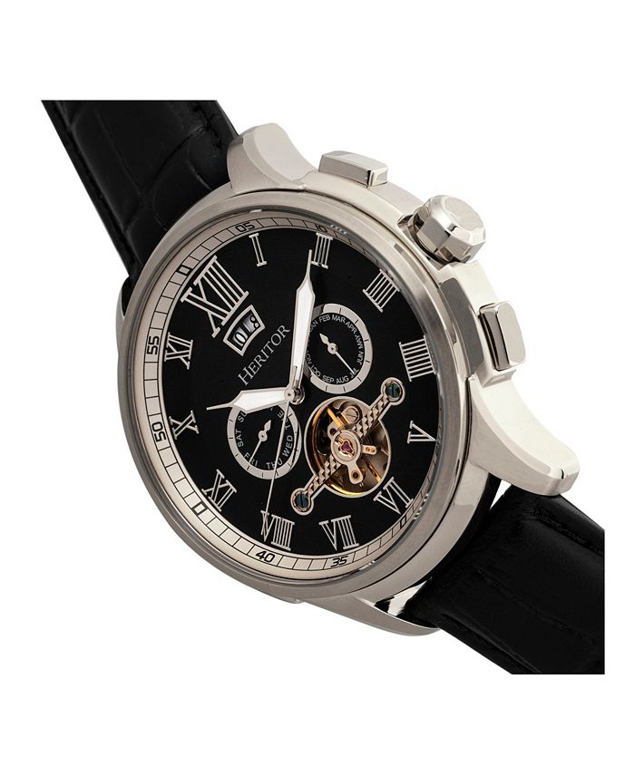 Heritor Automatic Hudson Silver & Black & Black Leather Watches 47mm ...