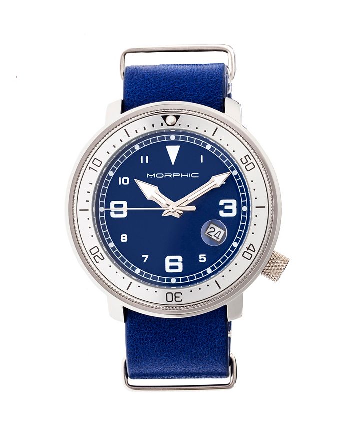 Morphic M58 Series, Silver Case, Blue Nato Leather Band Watch w/ Date ...