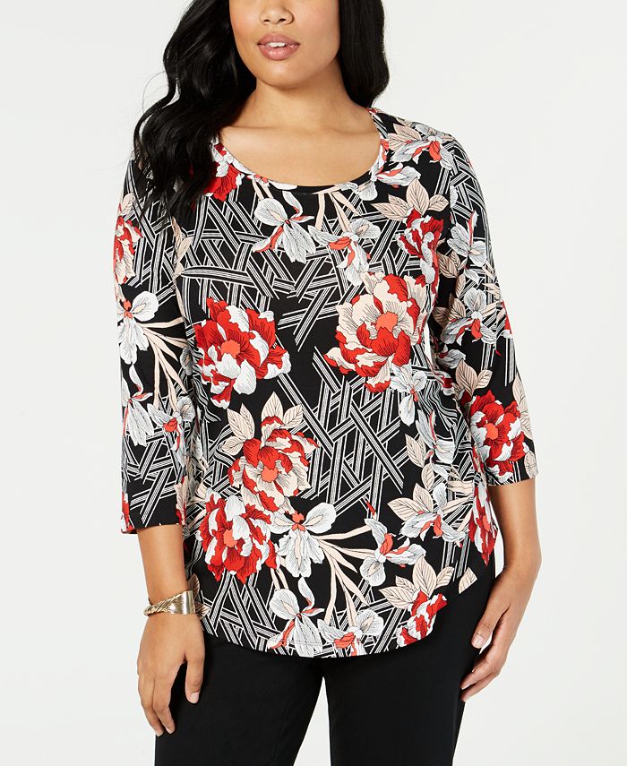 JM Collection Plus Size Mixed-Print Top, Created for Macy's - Macy's
