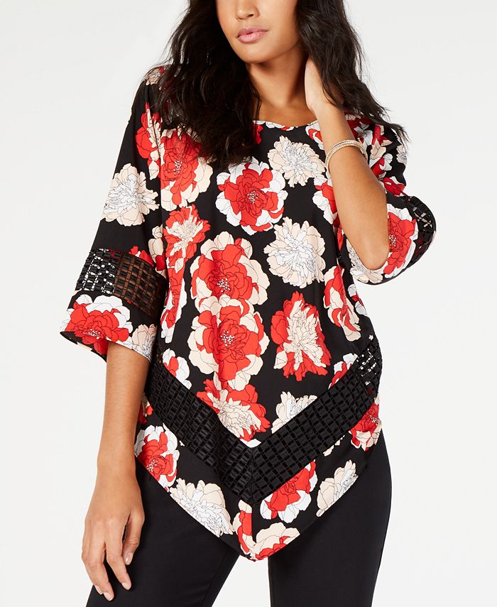 Alfani Printed Crochet-Trim V-Hem Top, Created For Macy's - Macy's