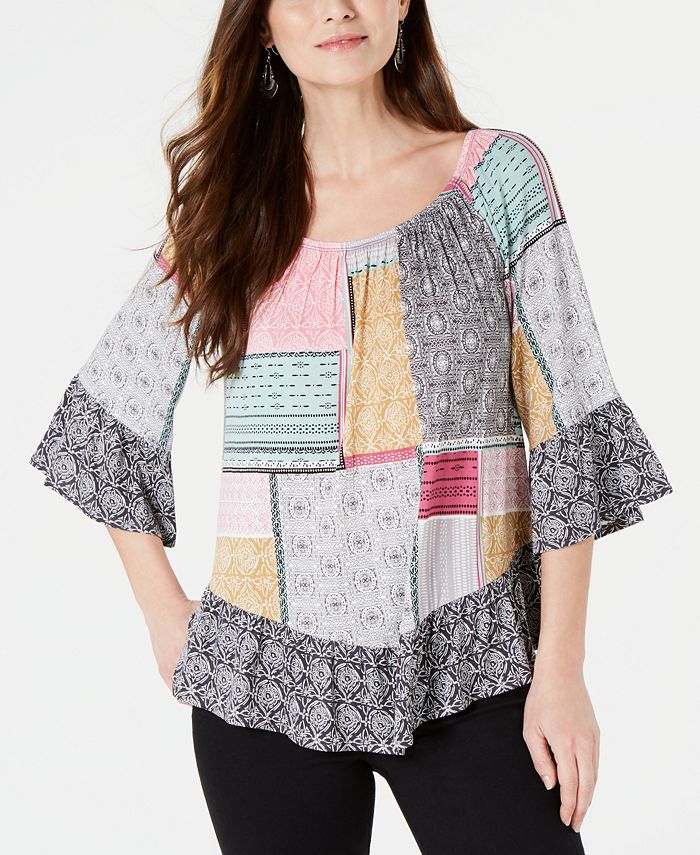 Style & Co Petite Patchwork-Print Peasant Top, Created for Macy's - Macy's