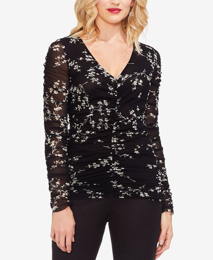 Vince Camuto Mesh-Sleeve Ruched Top - Macy's