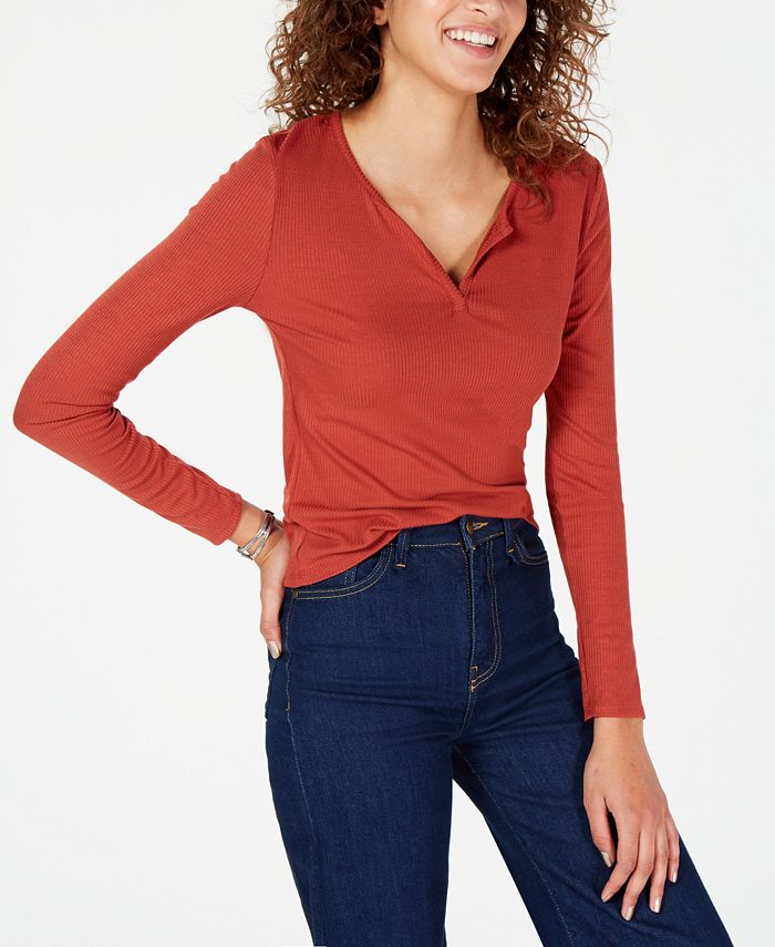 Gypsies & Moondust Juniors' Ribbed Split-Neck Top - Macy's