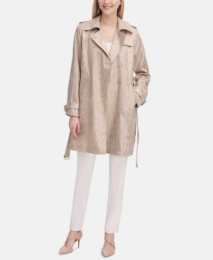 Calvin Klein Python-Print Belted Trench Coat - Macy's