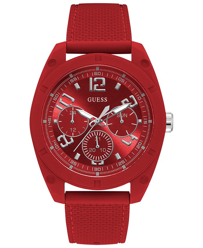 GUESS Men's Red Silicone Strap Watch 46mm - Macy's