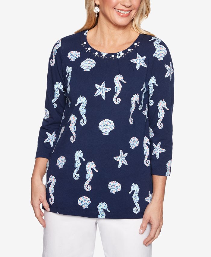 Alfred Dunner Smooth Sailing Printed Embellished-Neck Top - Macy's