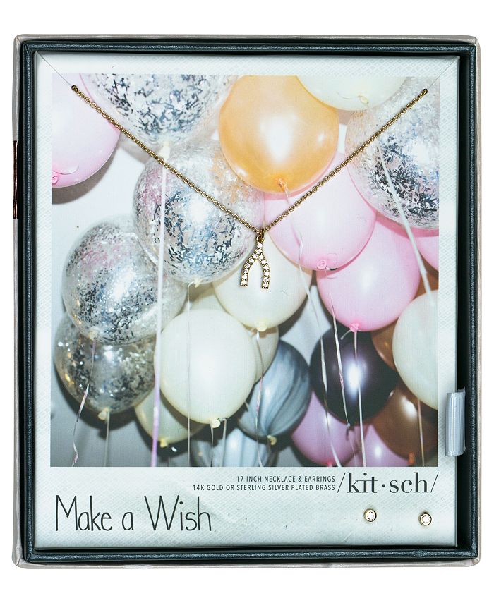 Kitsch Gold-Tone Crystal Wishbone Pendant Necklace & Stud Earrings Box ...