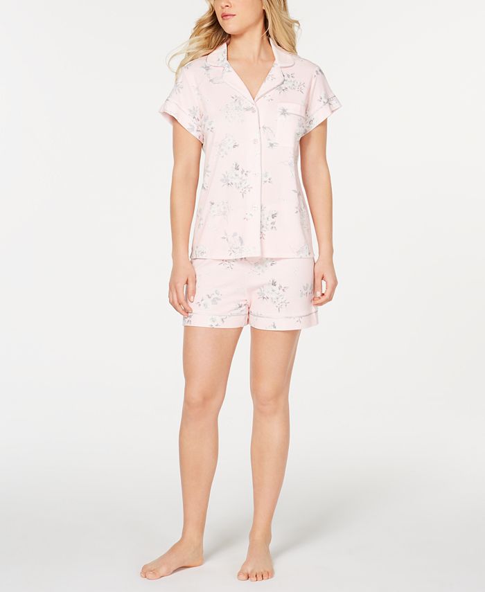 Miss Elaine Notch Collar Top And Shorts Printed Pajama Set Macys