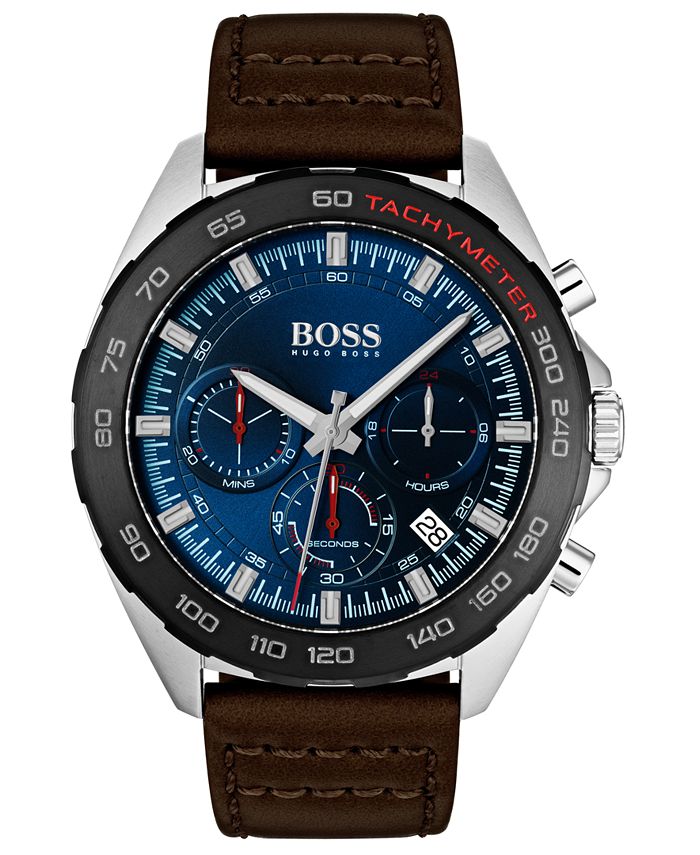 BOSS Men's Chronograph Intensity Brown Leather Strap Watch 44mm - Macy's