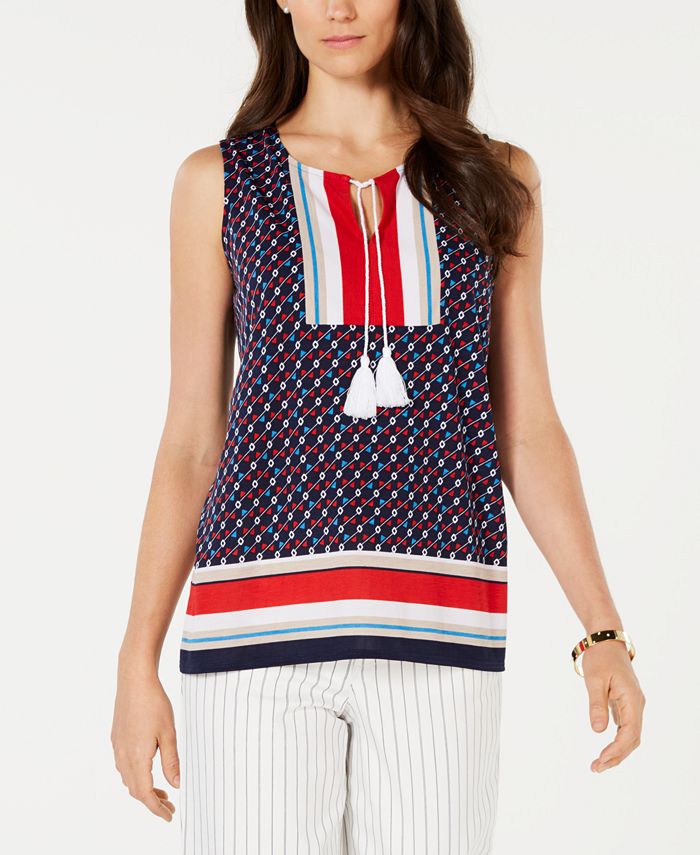 Charter Club Printed Tassel-Tie Sleeveless Top, Created for Macy's - Macy's