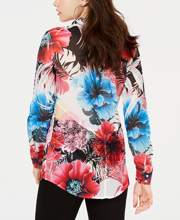 GUESS Printed Lace-Trim Button-Front Top - Macy's