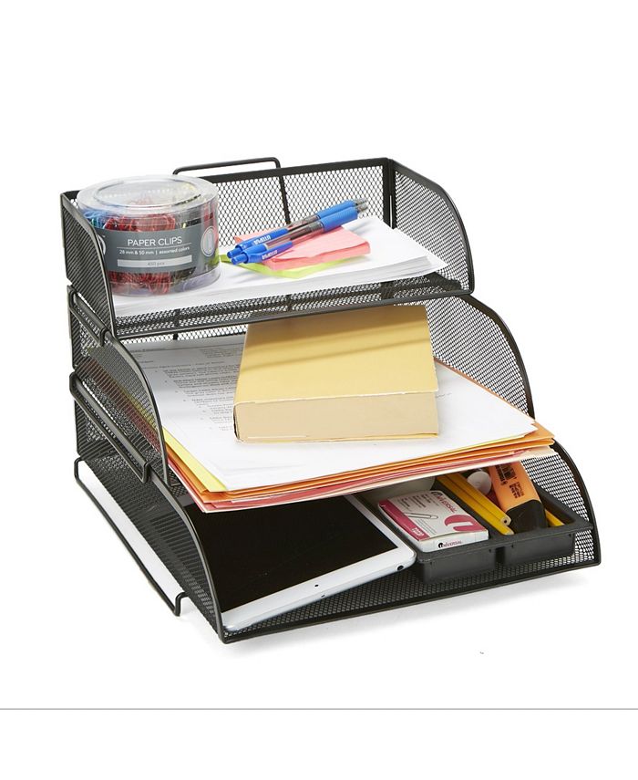 Mind Reader Metal Mesh 3 Tier Different Sized Paper Trays Desk ...