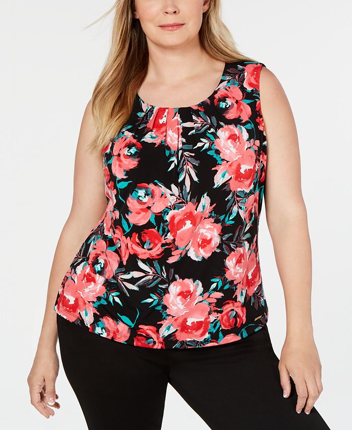 Calvin Klein Plus Size Floral-Print Pleated Top - Macy's