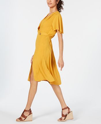 Monteau Petite Ruffle-Sleeve Faux-Wrap Dress - Macy's