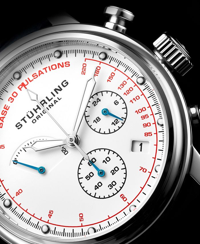 Stuhrling Men's Quartz Pulsometer Chronograph, White Dial, Blue Leather ...