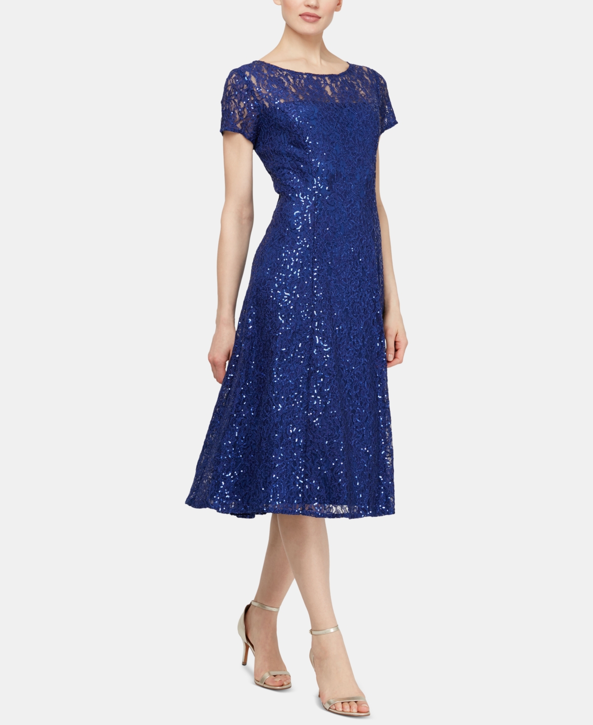 Click here for Sl Fashions Sequined Lace Midi Dress - Iris Blue prices