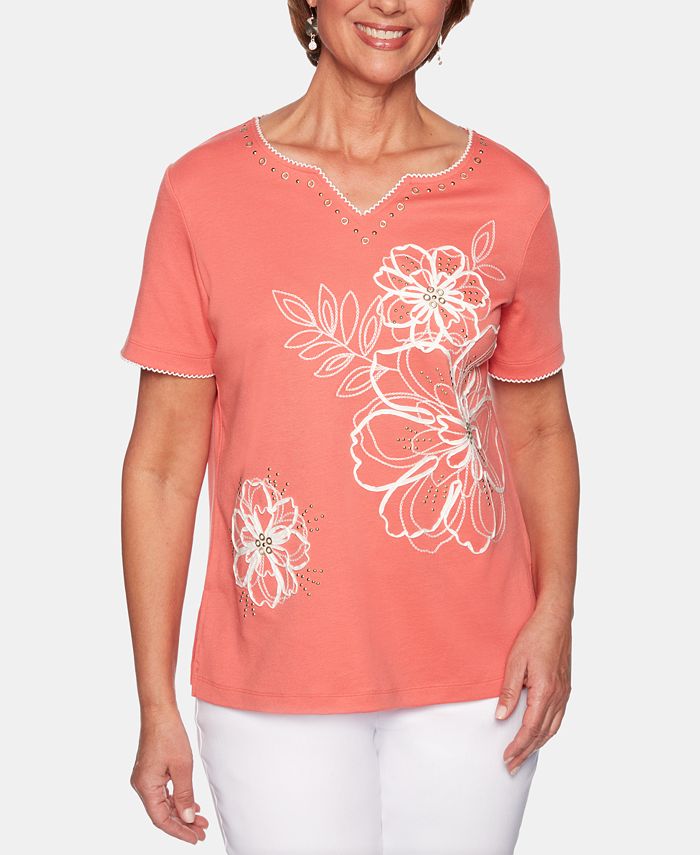 Alfred Dunner Coastal Drive Floral-Embroidered Studded Top - Macy's