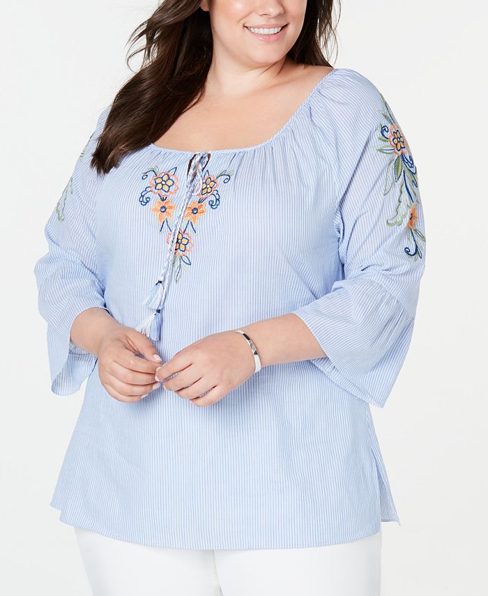Alfred Dunner Plus Size Lake Tahoe Cotton Embroidered Peasant Top - Macy's