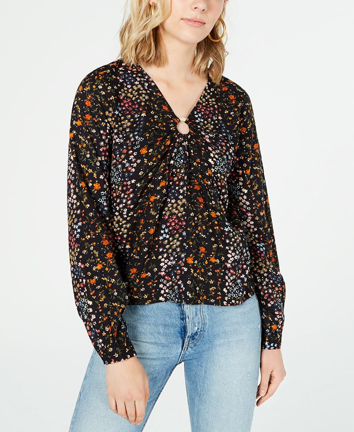 Planet Gold Juniors' Printed Ruched O-Ring Blouse - Macy's