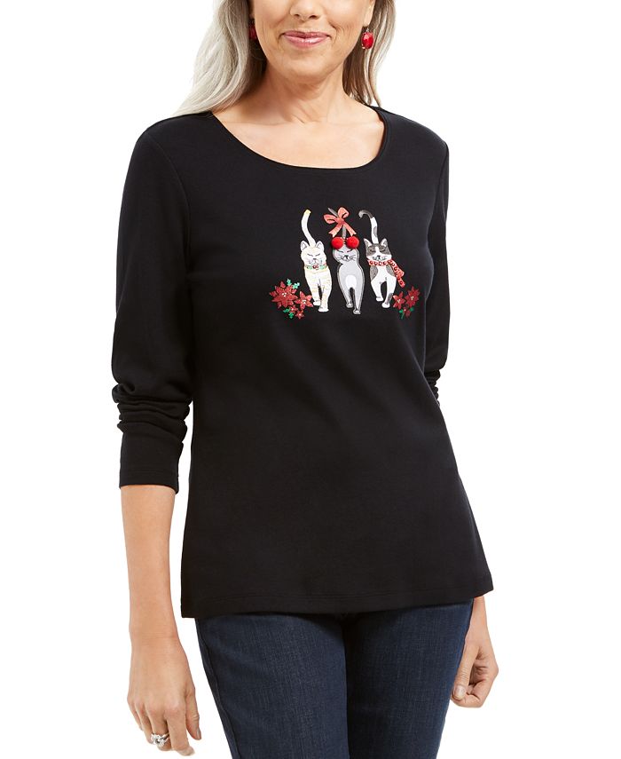 Karen Scott Cotton Festive Catwalk Top, Created for Macy's - Macy's