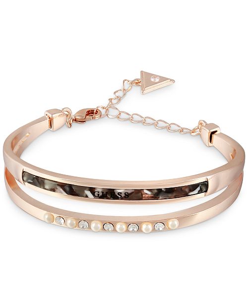 GUESS Rose Gold-Tone Crystal, Imitation Pearl & Tortoise-Look Double ...