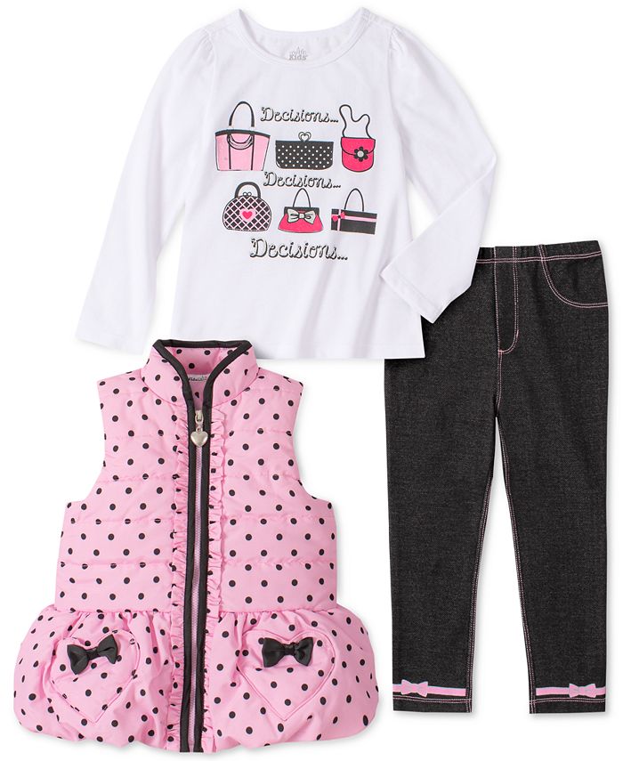 Kids Headquarters Little Girls 3-Pc. Ruffled Vest, Graphic Top ...